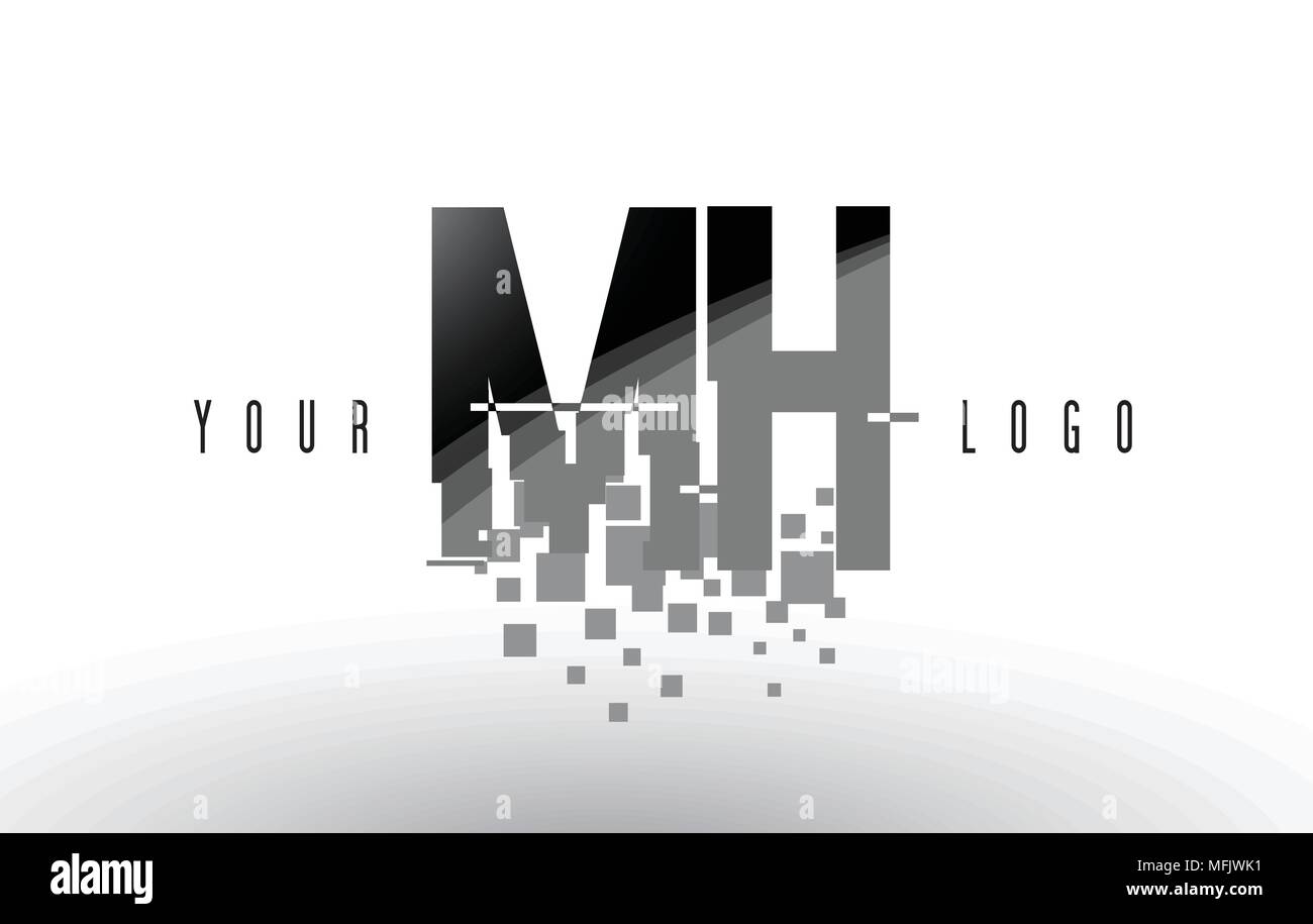 MH M H Pixel Letter Logo with Digital Shattered Black Squares. Creative ...