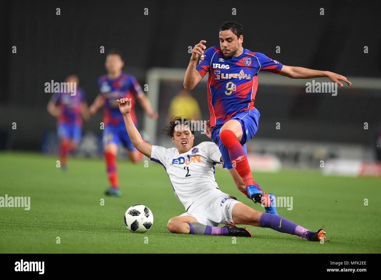 Tokyo, Japan. 25th Apr, 2018. Yuki Nogami (Sanfrecce), Diego Oliveira (FC Tokyo) Football/Soccer ...