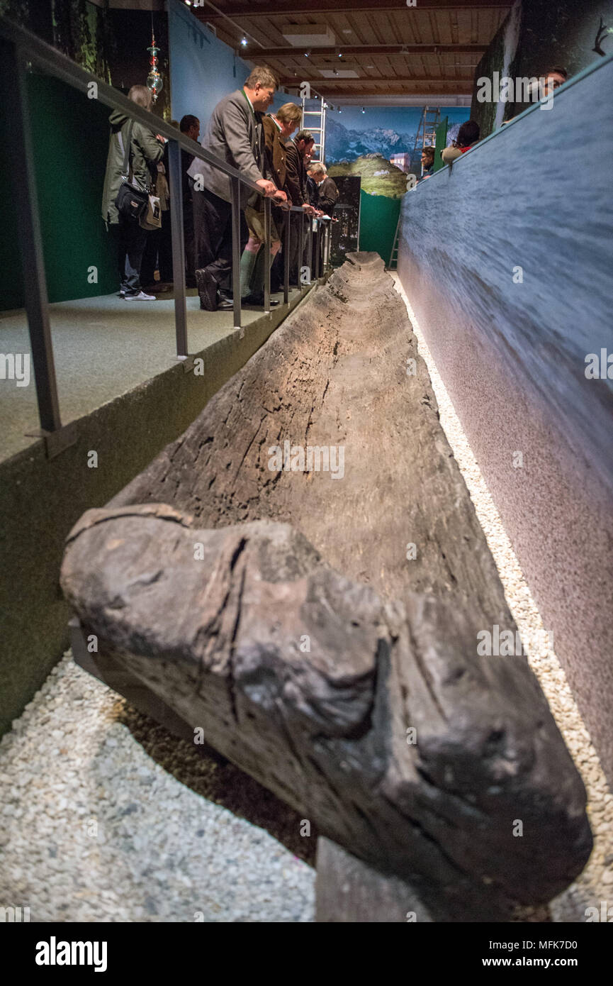 26 April 2018, Germany, Ettal: A 3,000-year-old dugout canoe, a type of ...