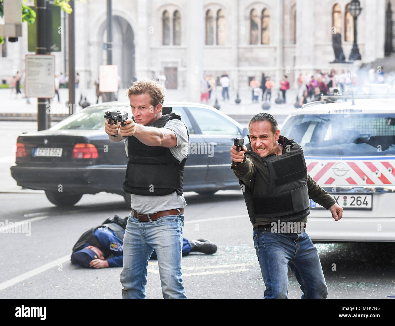 22 April 2018, Hungary, Budapest: Actor Daniel Roesner (l) as Paul ...