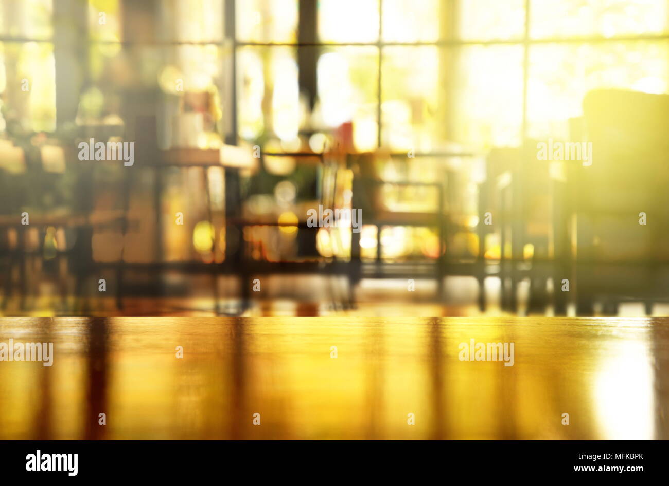 top of reflection light wood table with blur interior relaxation ...