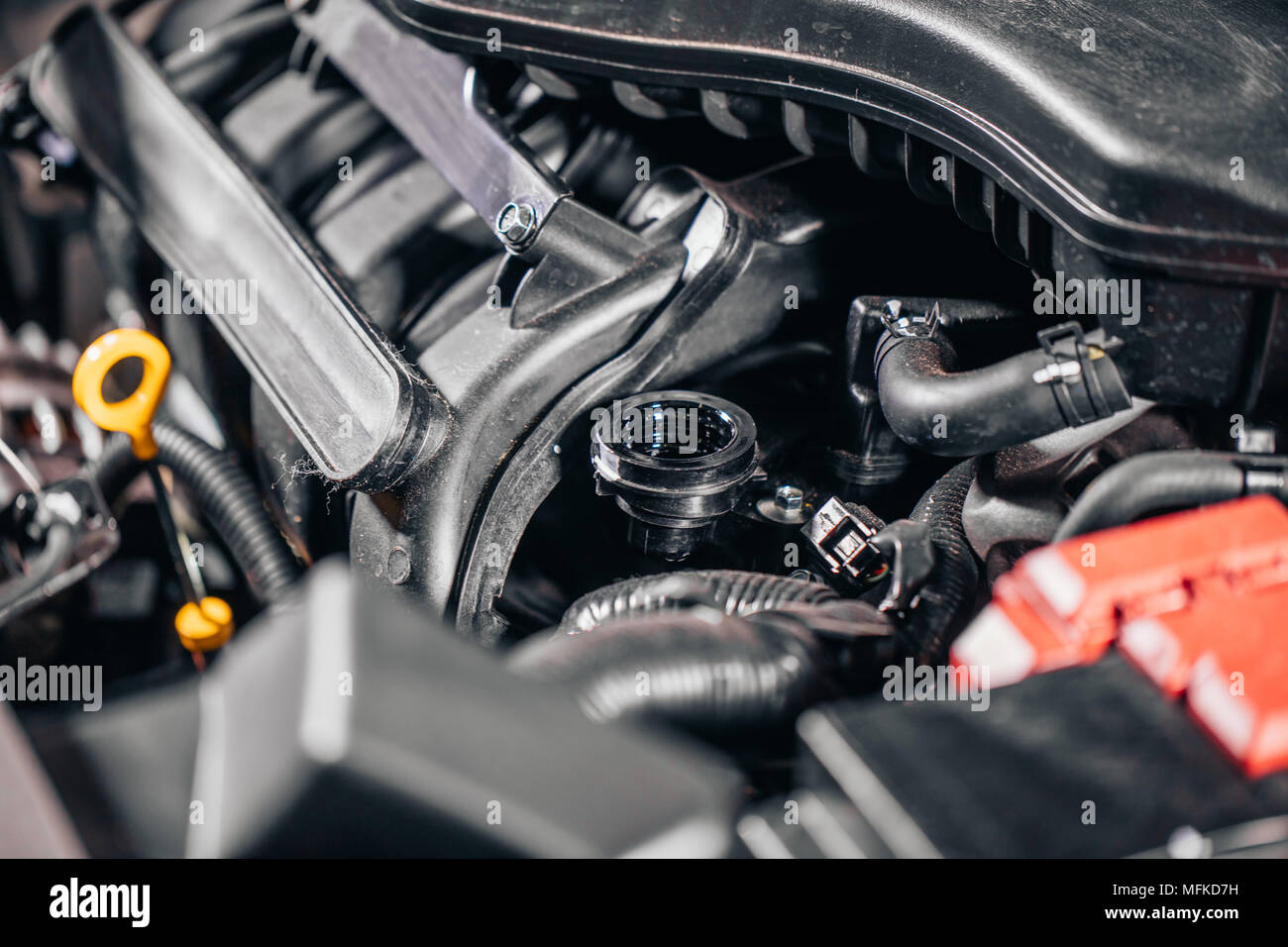Car Repairing. Modern Compact Car with Open Hood. Close up detail of ...