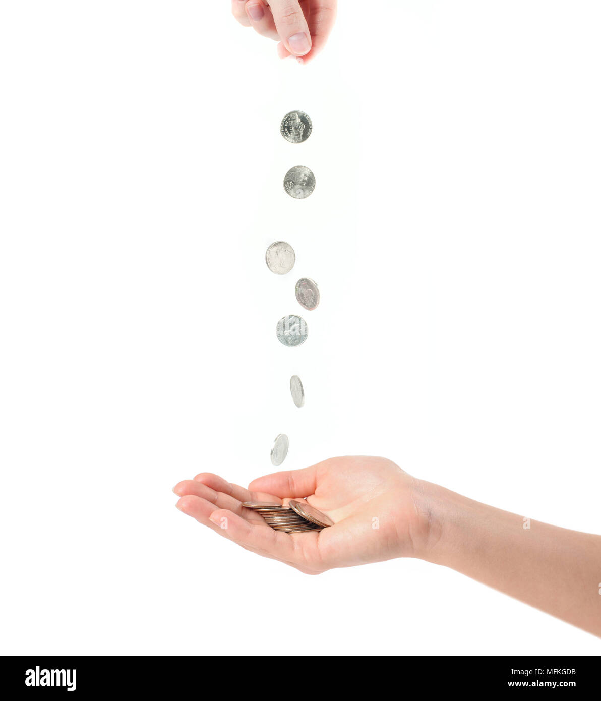 Female hands and falling coins on white background. Coins in palm Stock ...