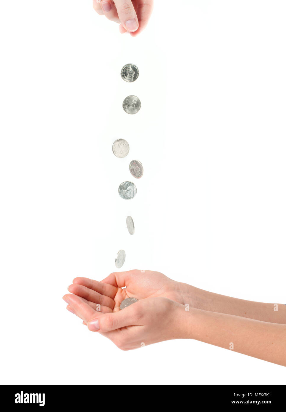 Gold coins falling on woman hi-res stock photography and images - Alamy