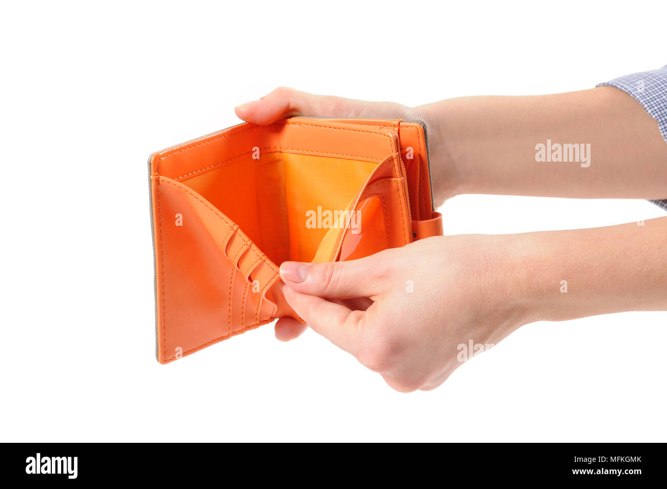 Woman hand open an empty wallet on white background Stock Photo - Alamy