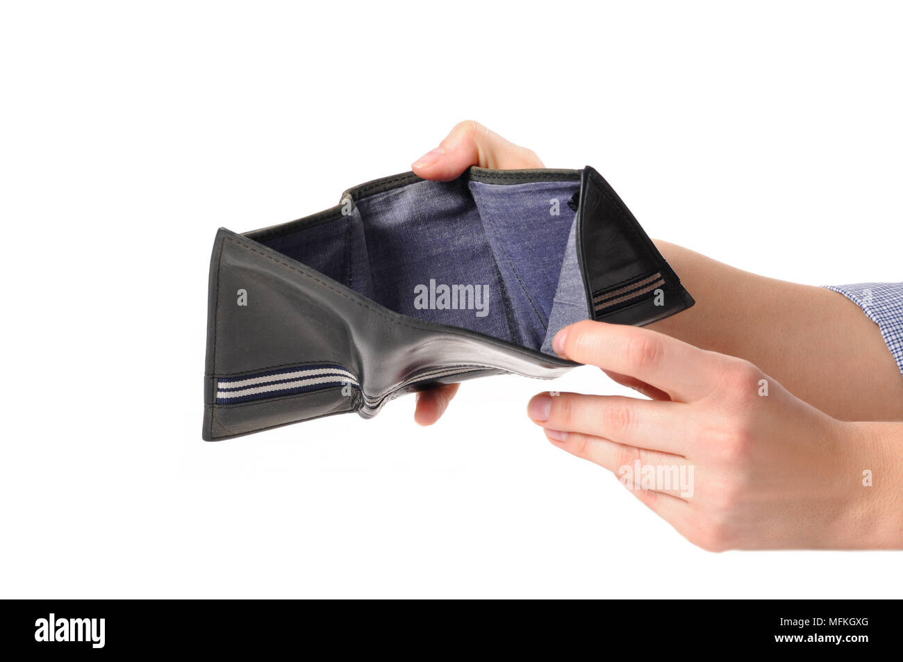 Woman hand open an empty wallet on white background Stock Photo - Alamy
