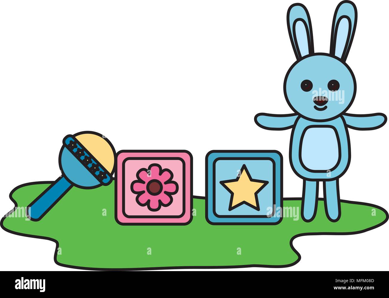 cute rabbit with blocks and bell character icon Stock Vector Image ...