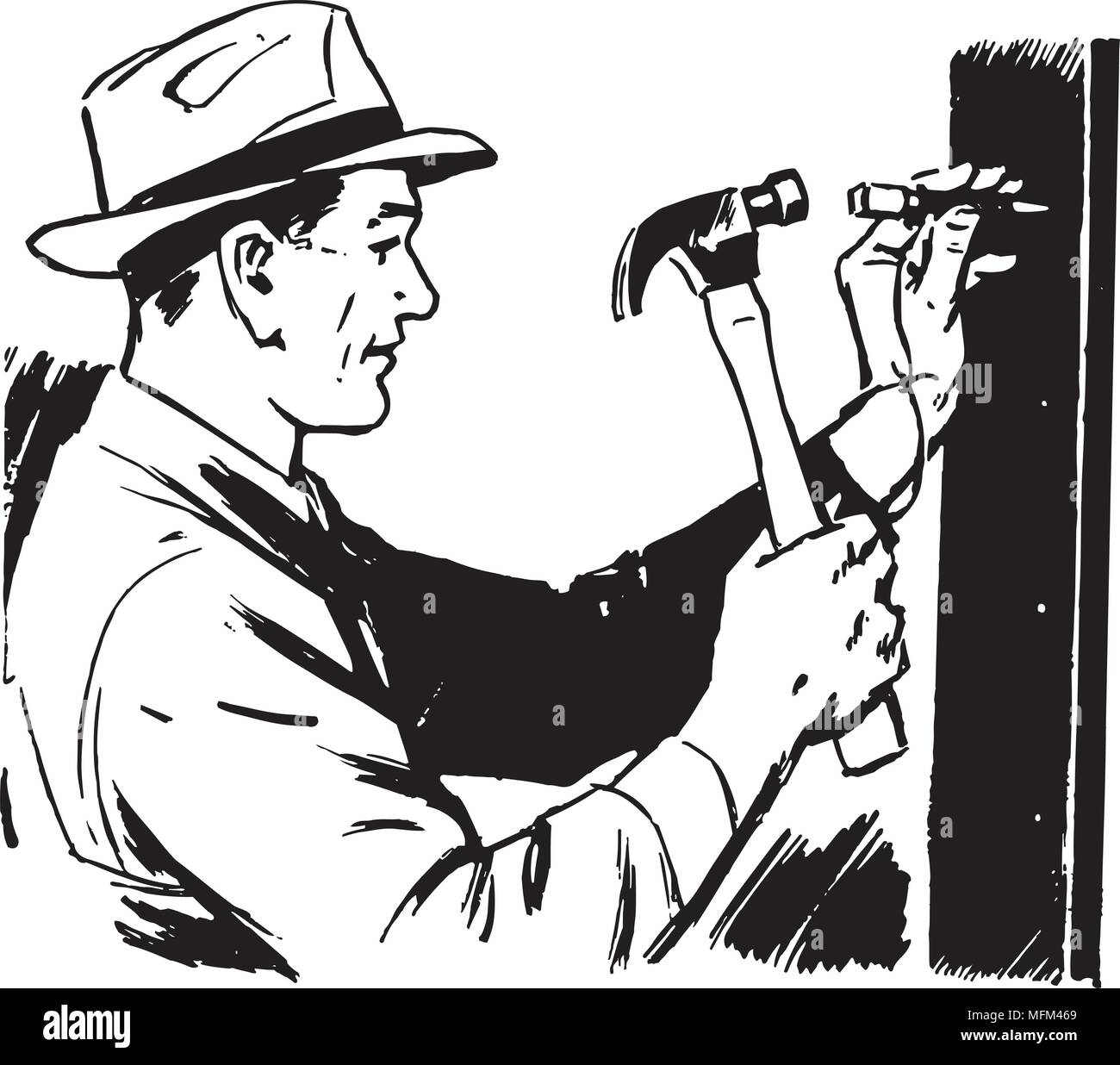 Man Hammering Nail - Retro Clipart Illustration Stock Vector Image ...