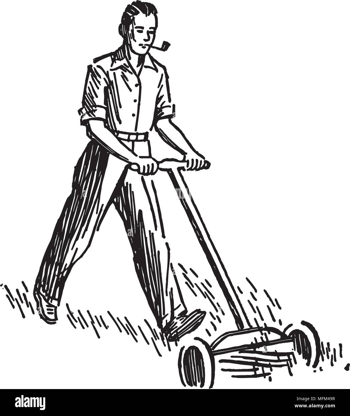 Man Doing Yard Work Clip Art Gardener Mowing Lawn Mower Retro