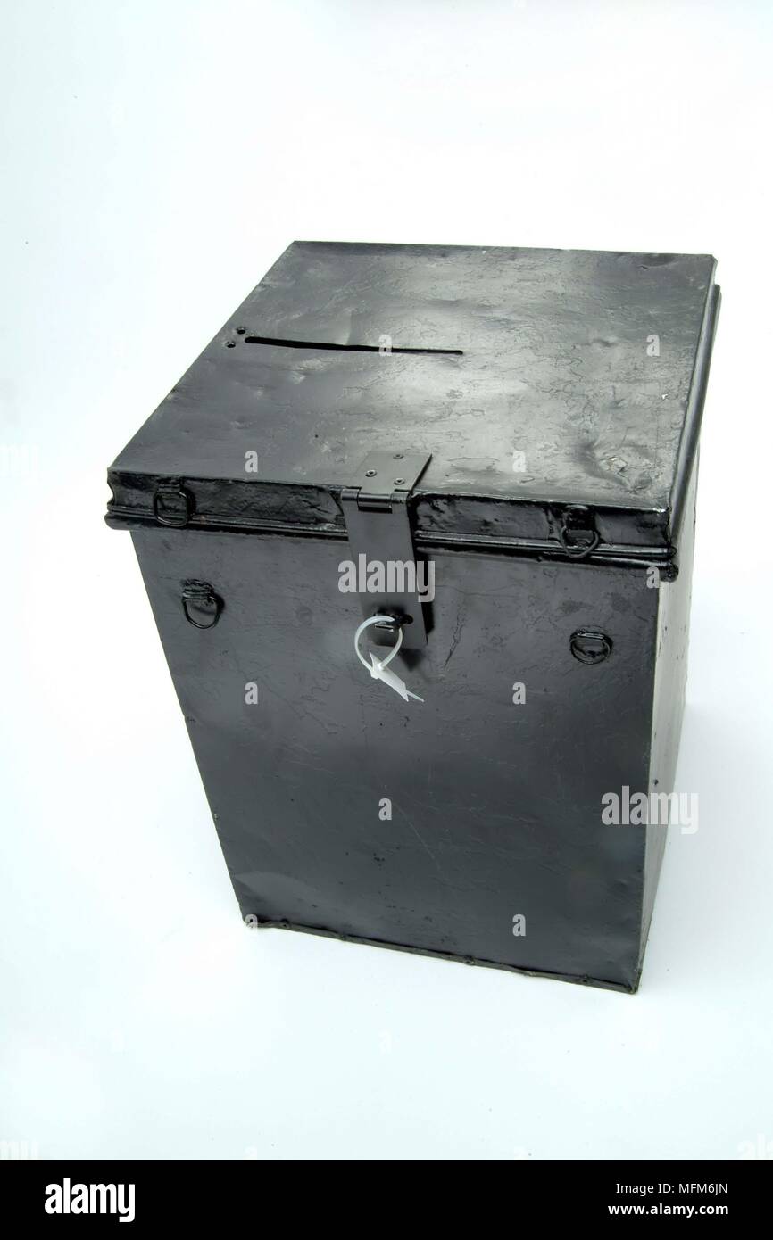 Studio shot of traditional black metal ballot box as used in British ...