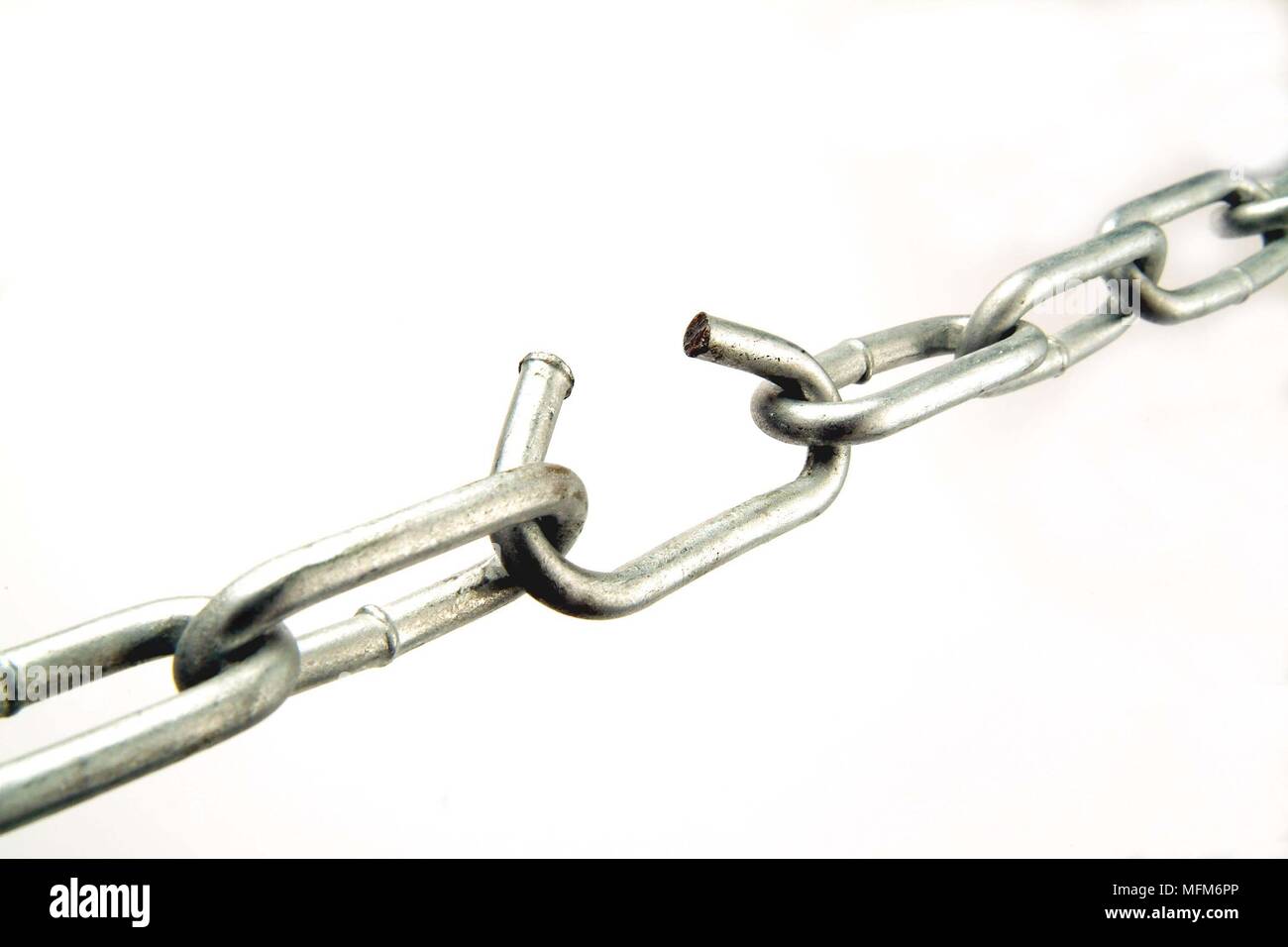 Strong heavy duty steel chain under tension with a broken and stretched ...