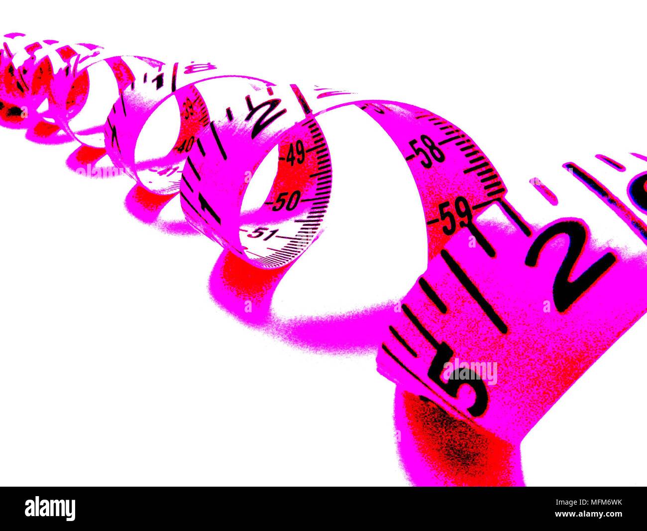Dress makers tape measure uncoiled and spiralling across the picture ...