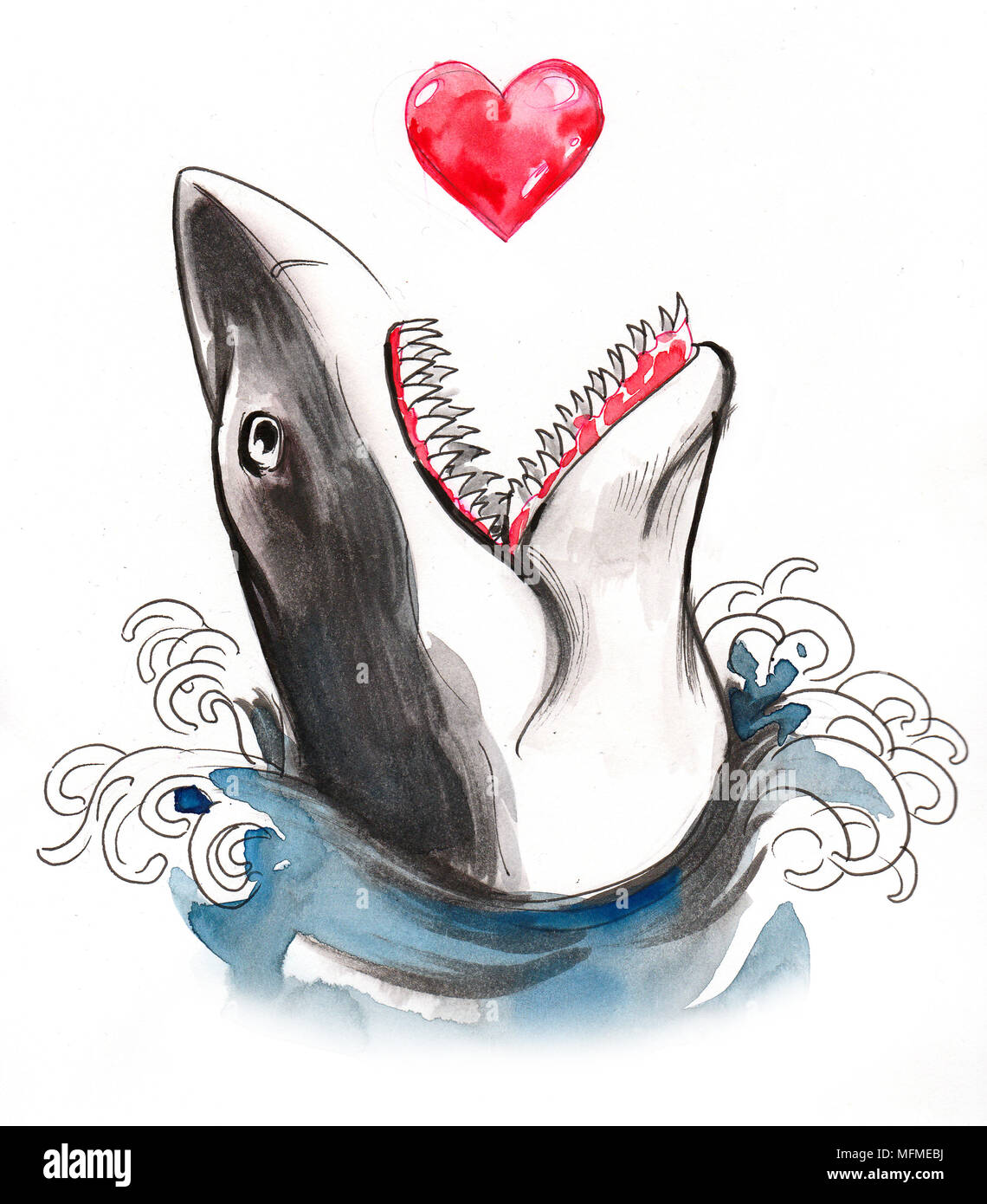 Shark biting a human heart. Ink and watercolor illustration Stock Photo ...