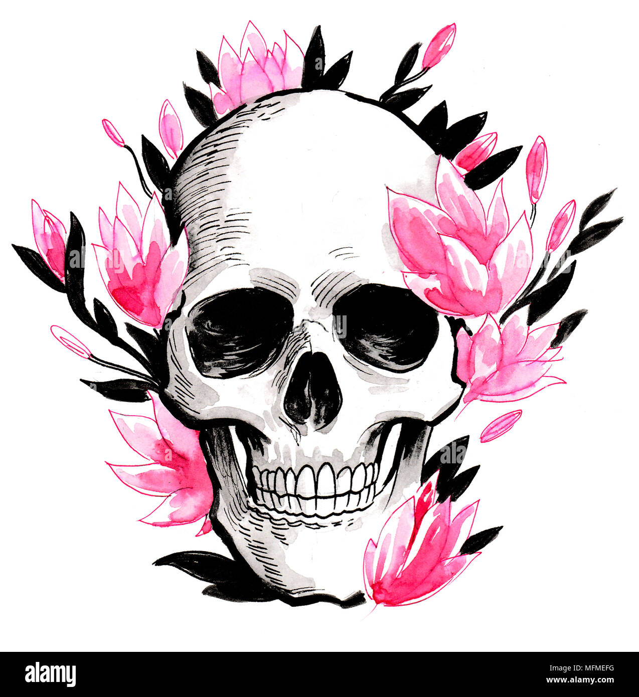 Human skull and blossoming flowers Stock Photo - Alamy