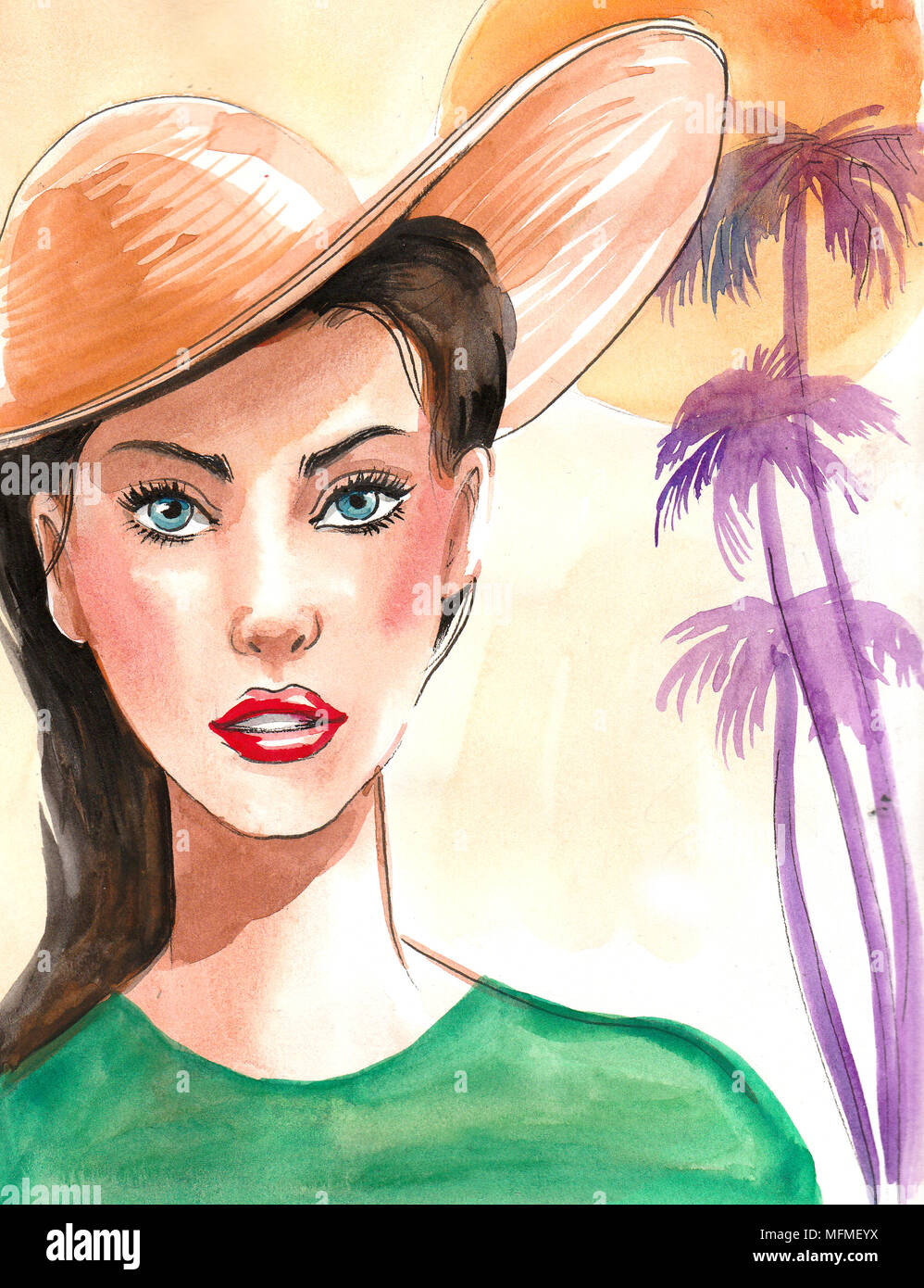 Beautiful woman in hat. watercolor illustration Stock Photo - Alamy