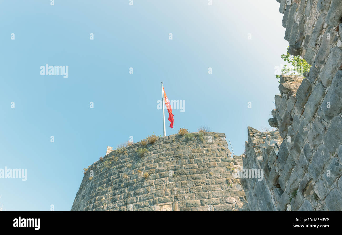 Detailed view of stone tower in Castle of St. Peter or Bodrum Castle ...