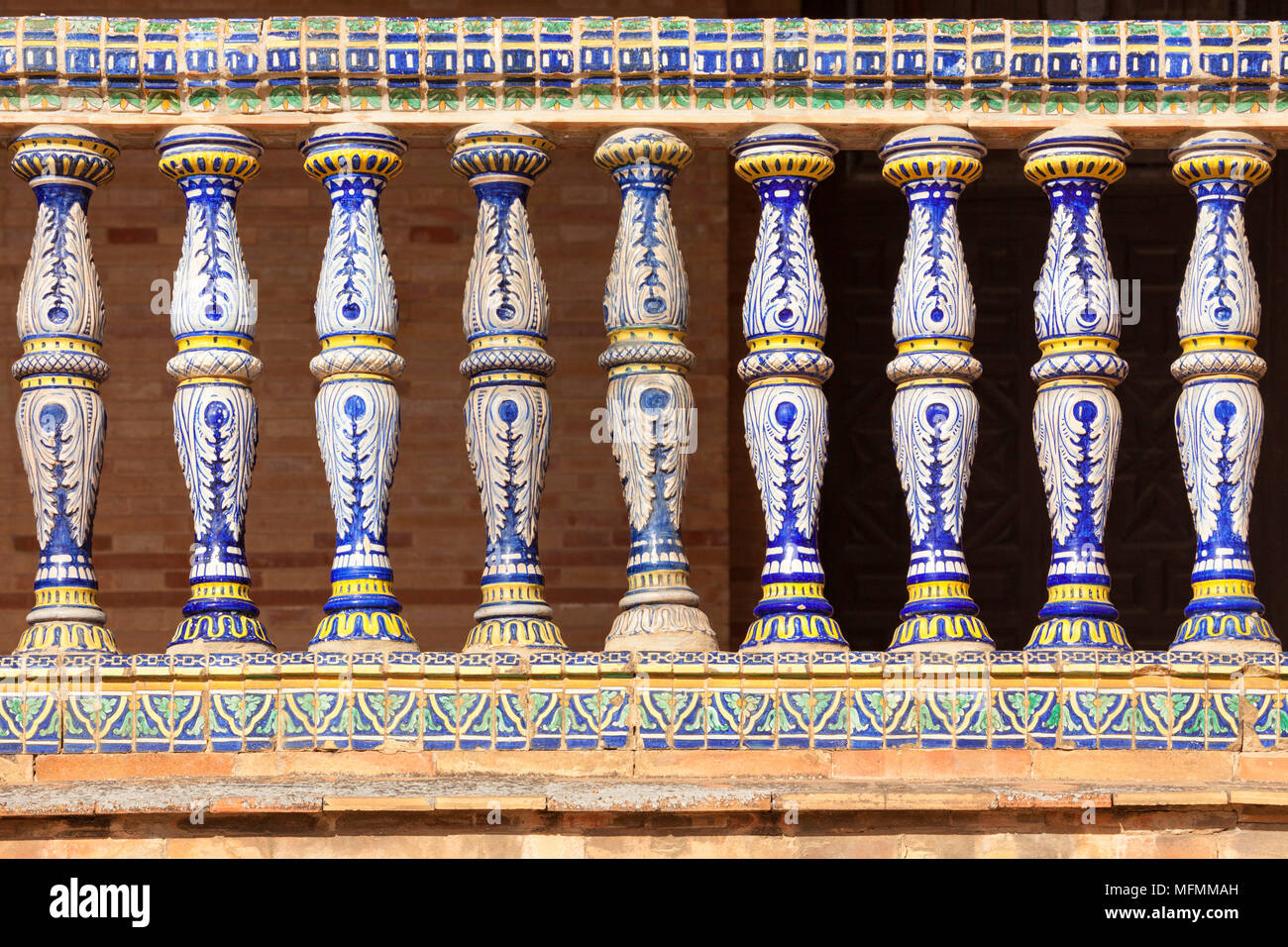 Ornate ceramic columns of balcony rail at Plaza de Espana Stock Photo ...