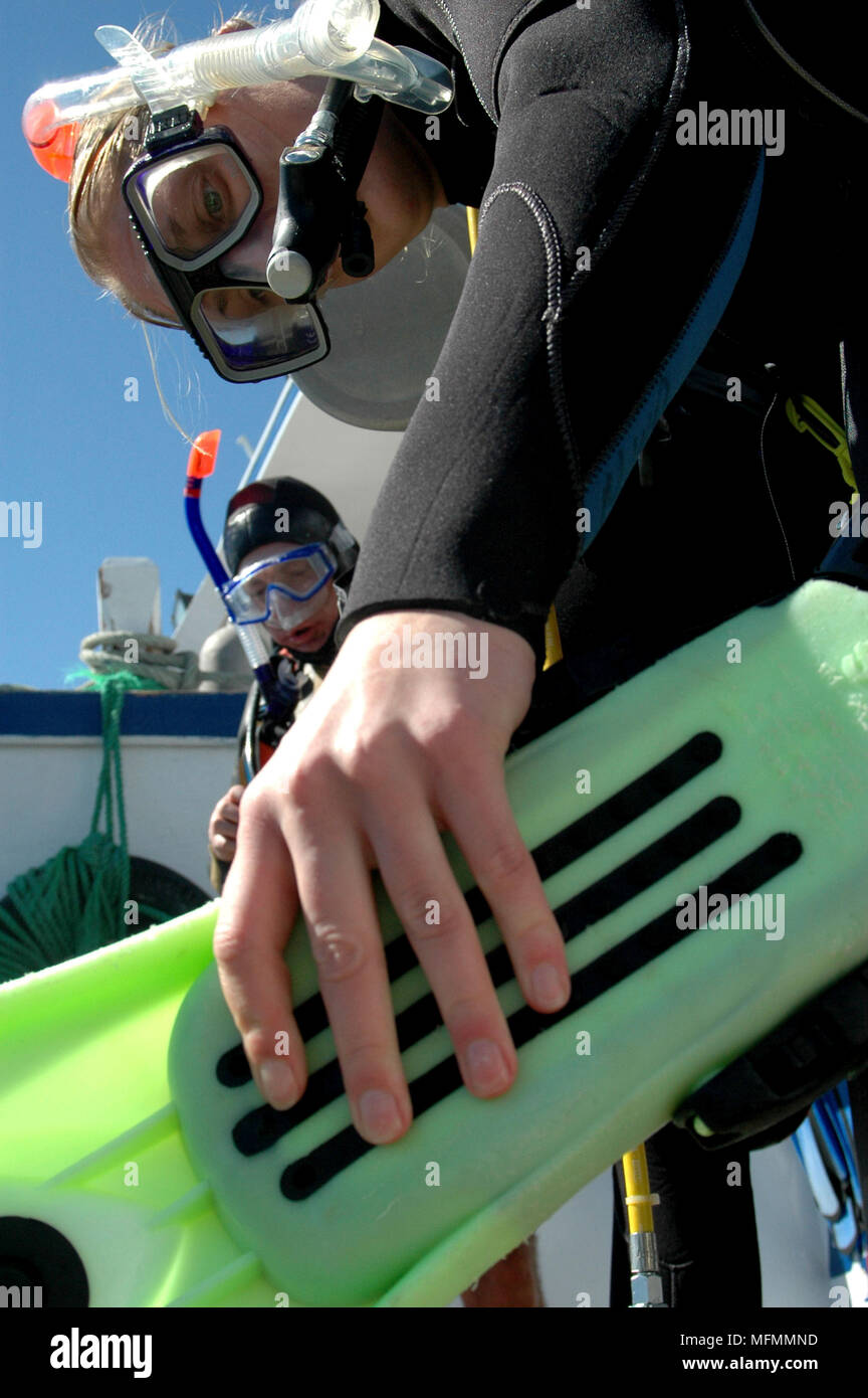 Low angle view of a scuba diver holding a flipper Ref: CRB416 10009 038 ...