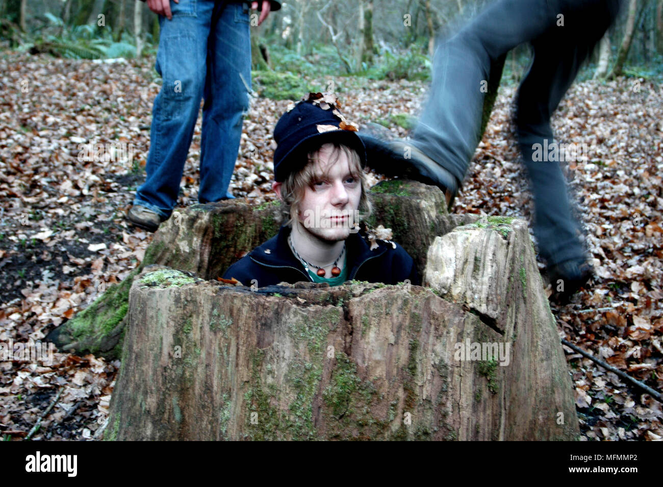Young man inside of a tree stump with two men standing behind him in ...