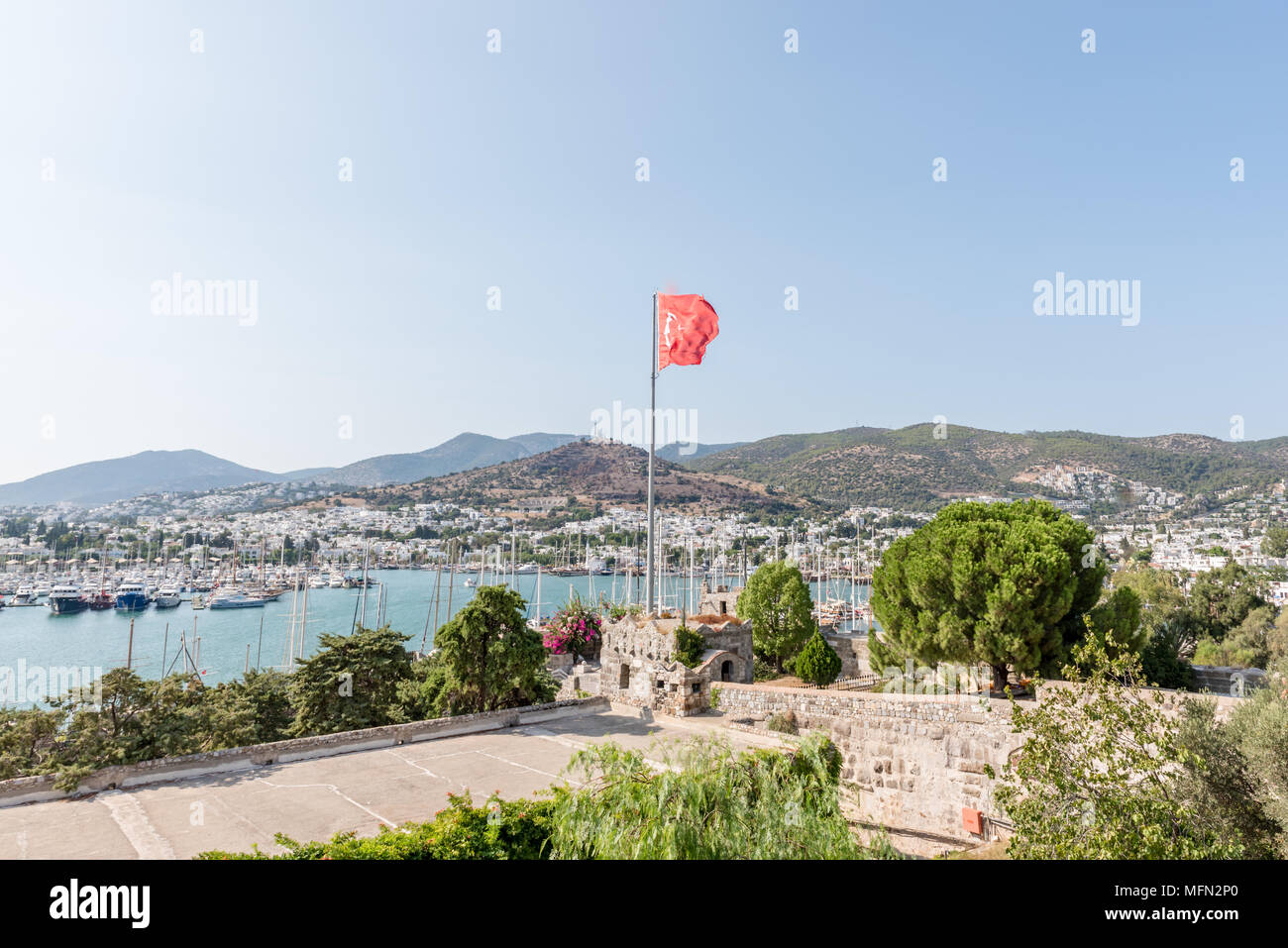 With waving Turkish flag,Aerial view of Castle of St. Peter or Bodrum ...