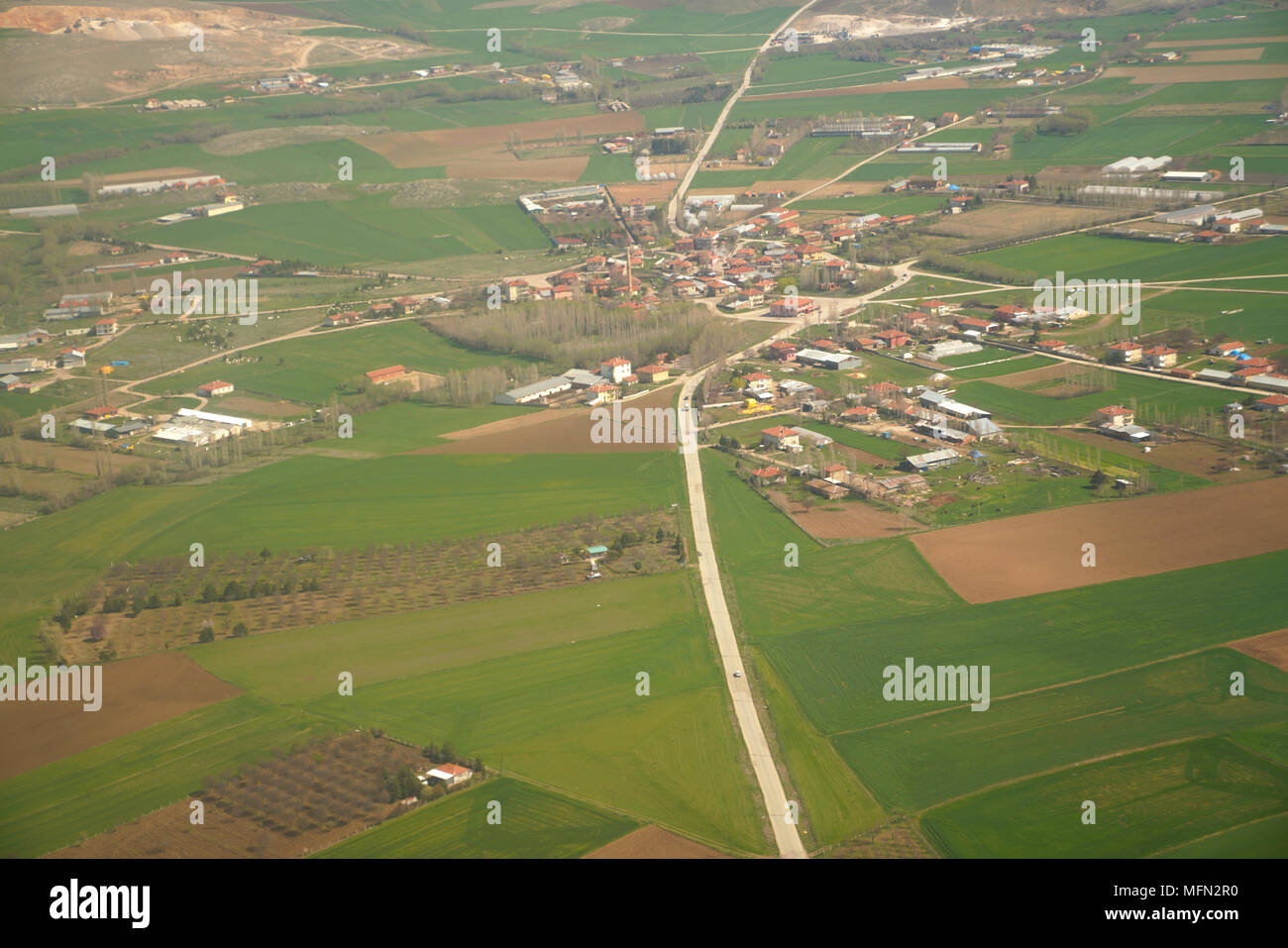 Aerial view of houses among fields in countryside in Turkey Stock Photo ...