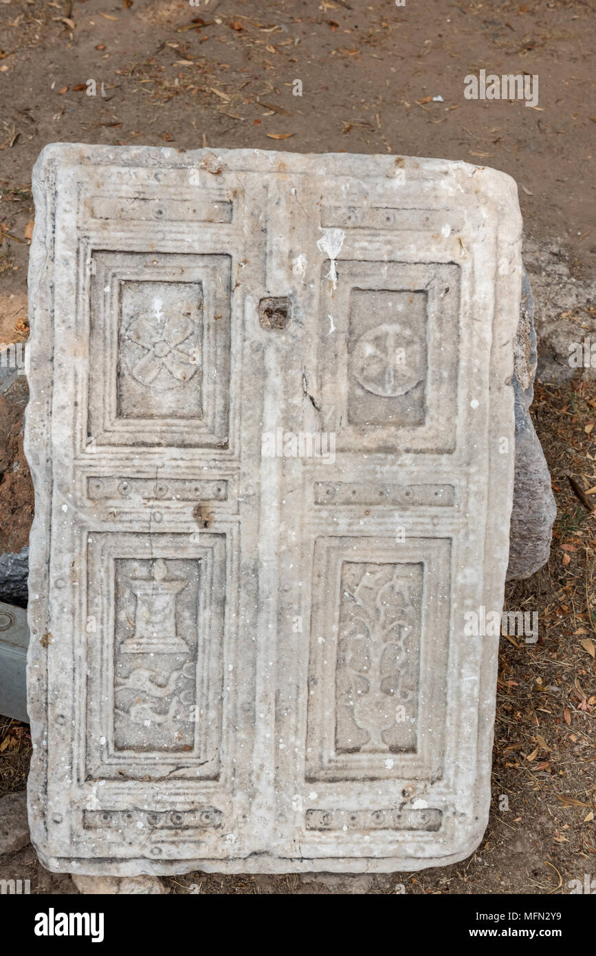 Detail of an ancient Roman marble sculpture or blocks in Castle of St ...