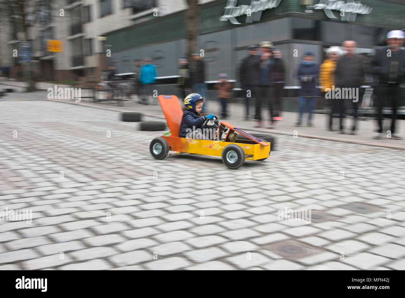 Soapbox go-kart driving in downtown Lappeenranta, Finland Stock Photo ...