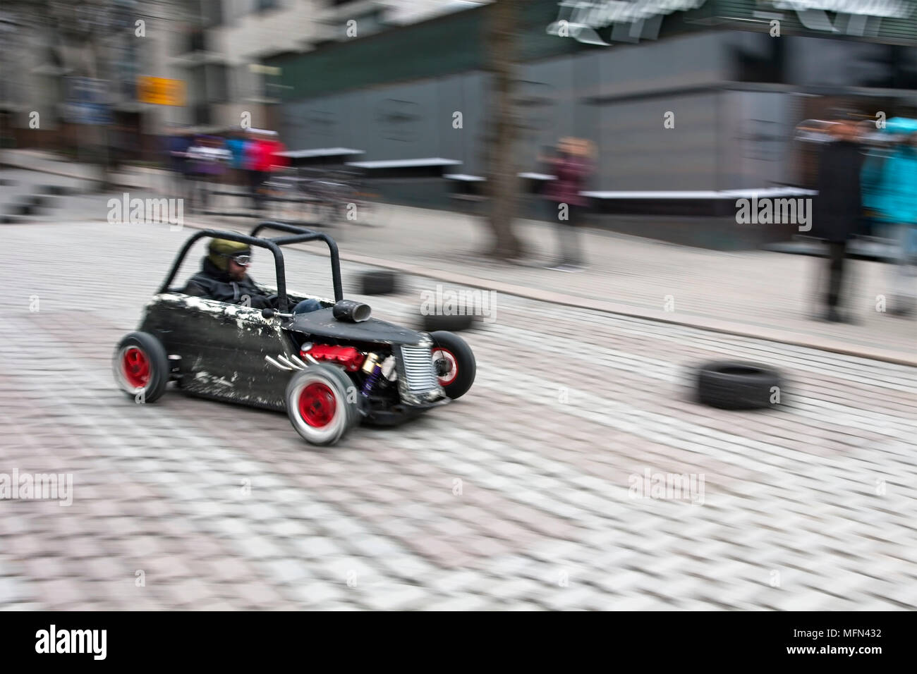 Soapbox go-kart driving in downtown Lappeenranta, Finland Stock Photo ...