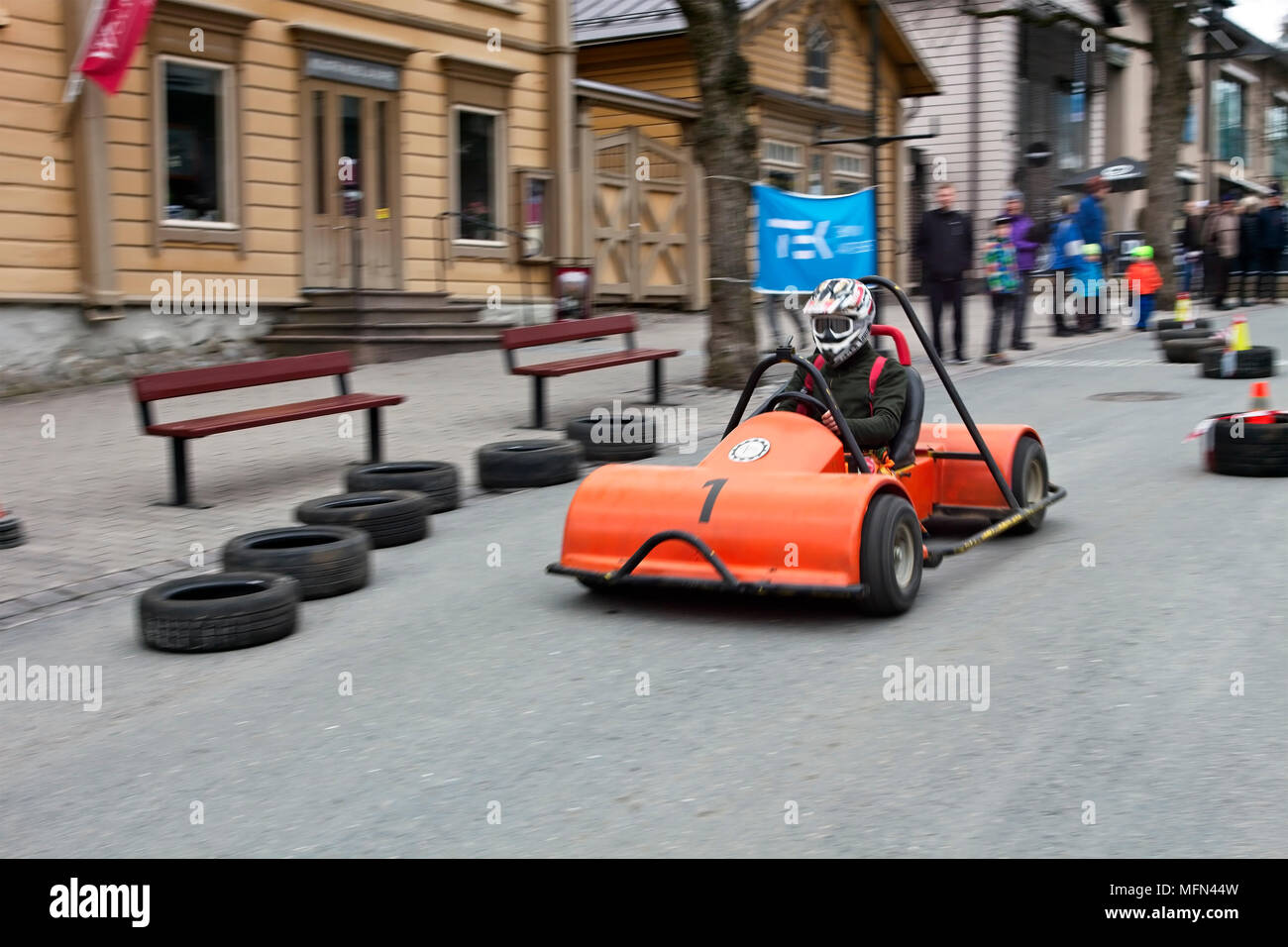 Soapbox go-kart driving in downtown Lappeenranta, Finland Stock Photo ...