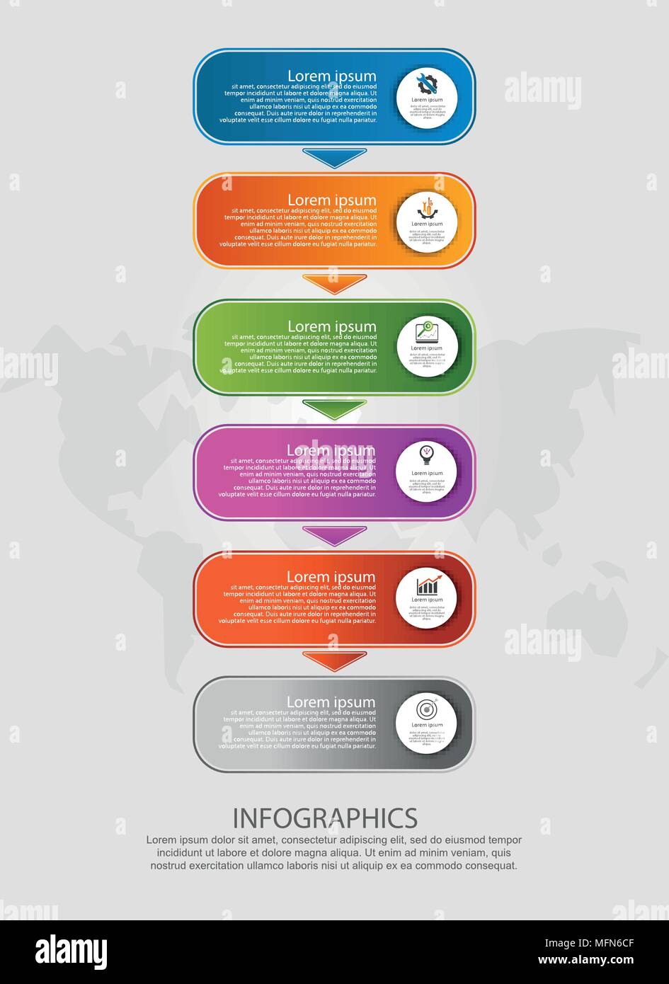 Modern vector illustration. Infographic template with six elements, arrows of the rectangle ...