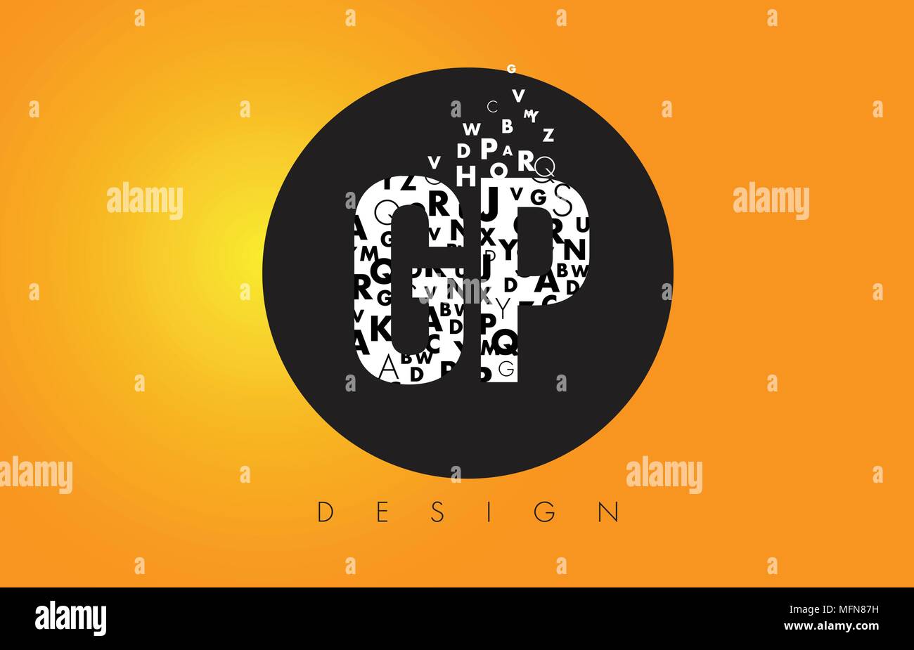 GP G P Logo Design Made of Small Letters with Black Circle and Yellow ...