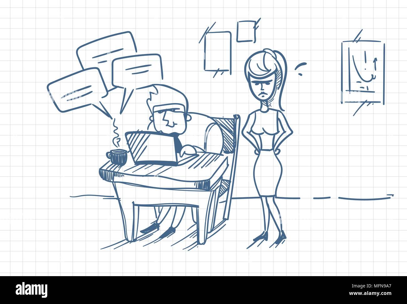 Doodle Angry Business Woman Boss Standing At Worker Using Laptop ...