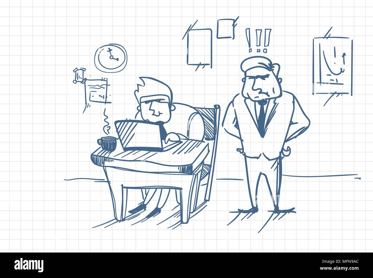 Doodle Angry Business Man Boss Standing At Worker Using Laptop Computer ...