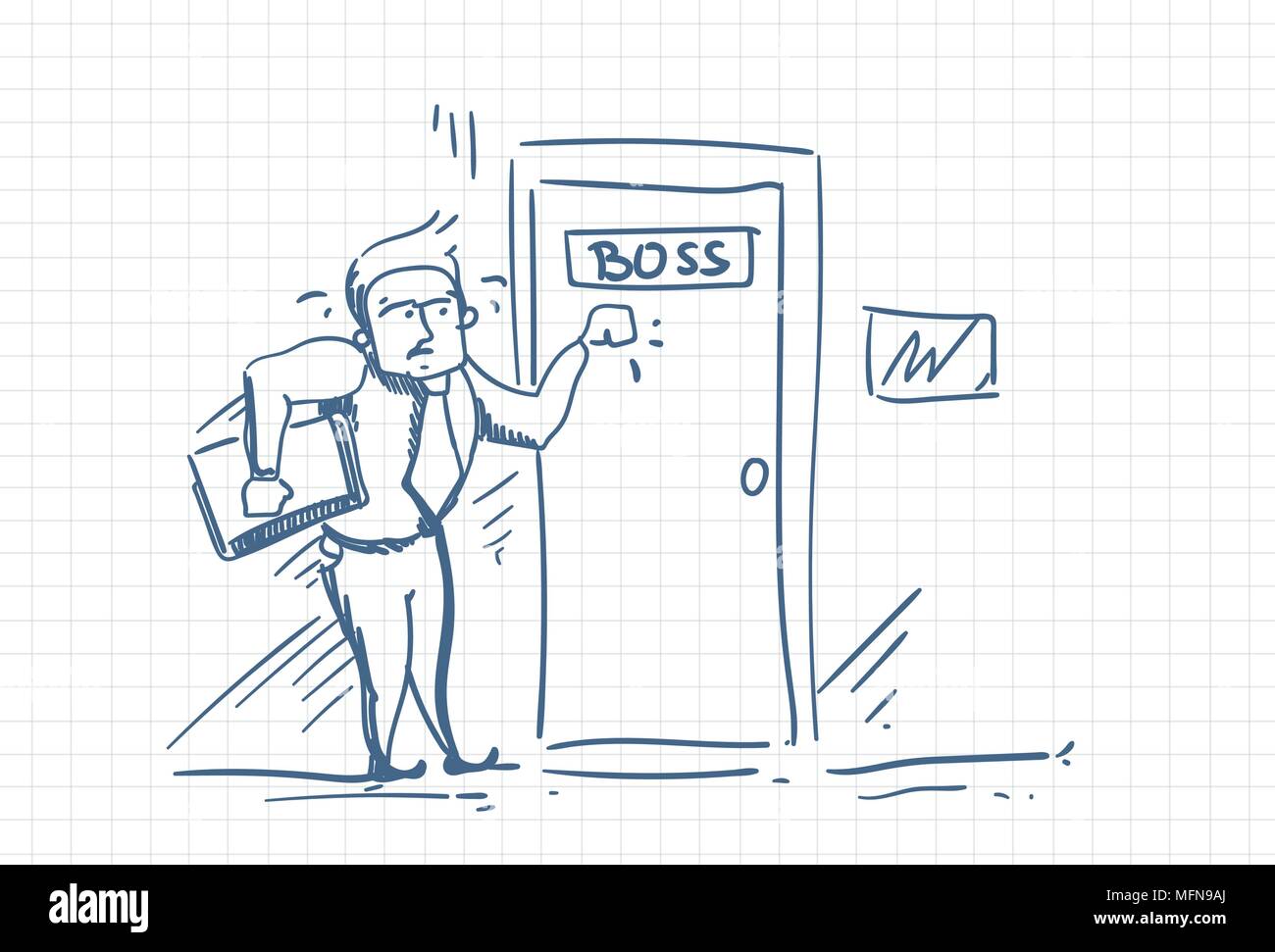 Scared Business Man Knocking Boss Door Afraid Of Blame Doodle Stock ...