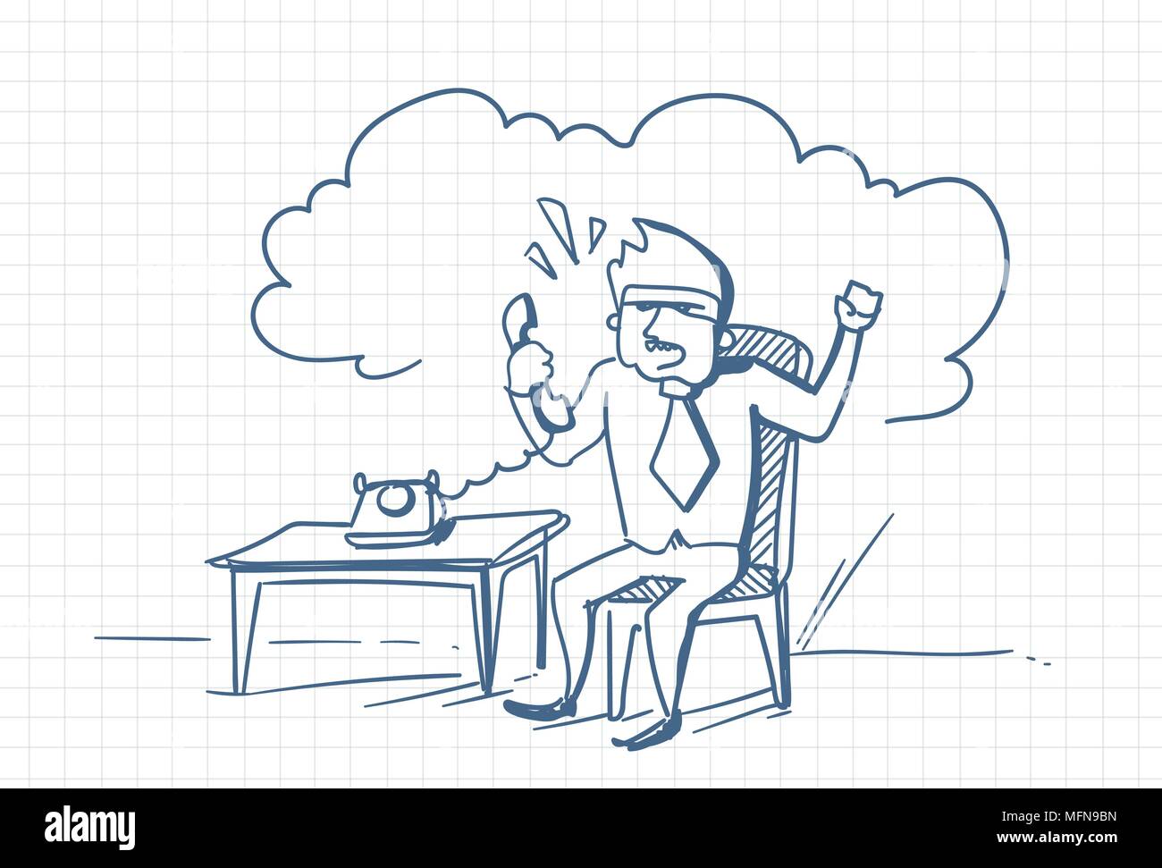 Angry Business Man Talking On Phone Screaming Sit At Office Desk Doodle ...