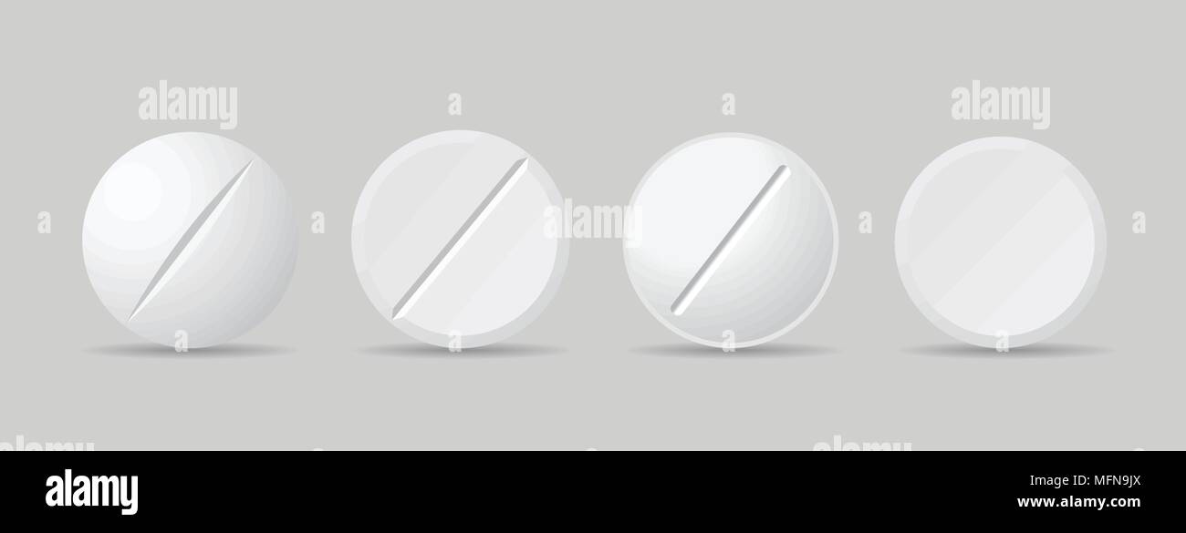 Set of white round medicine pills of different kinds, isolated vector ...