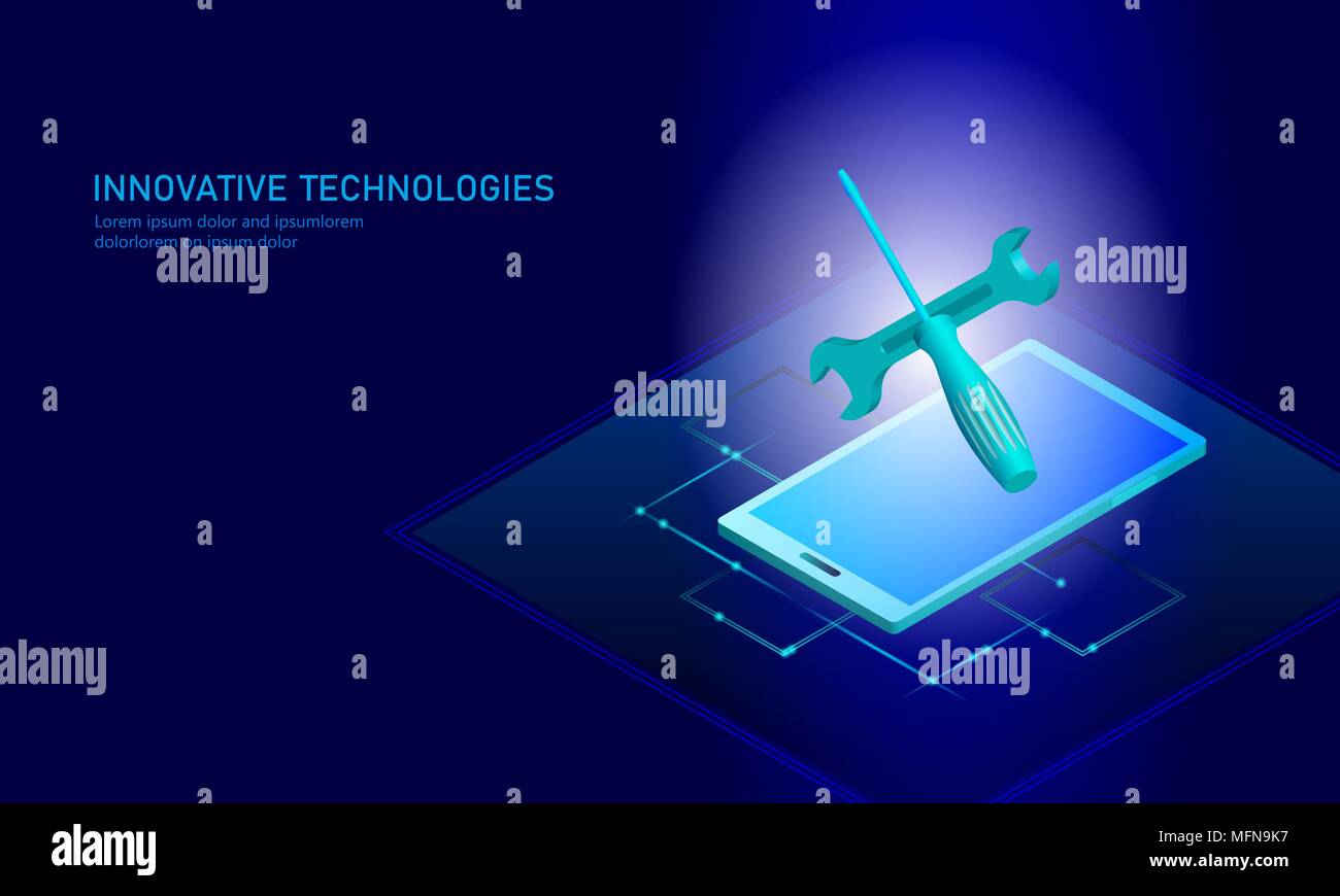 Computer service repair isometric smartphone. 3d blue flat technical ...