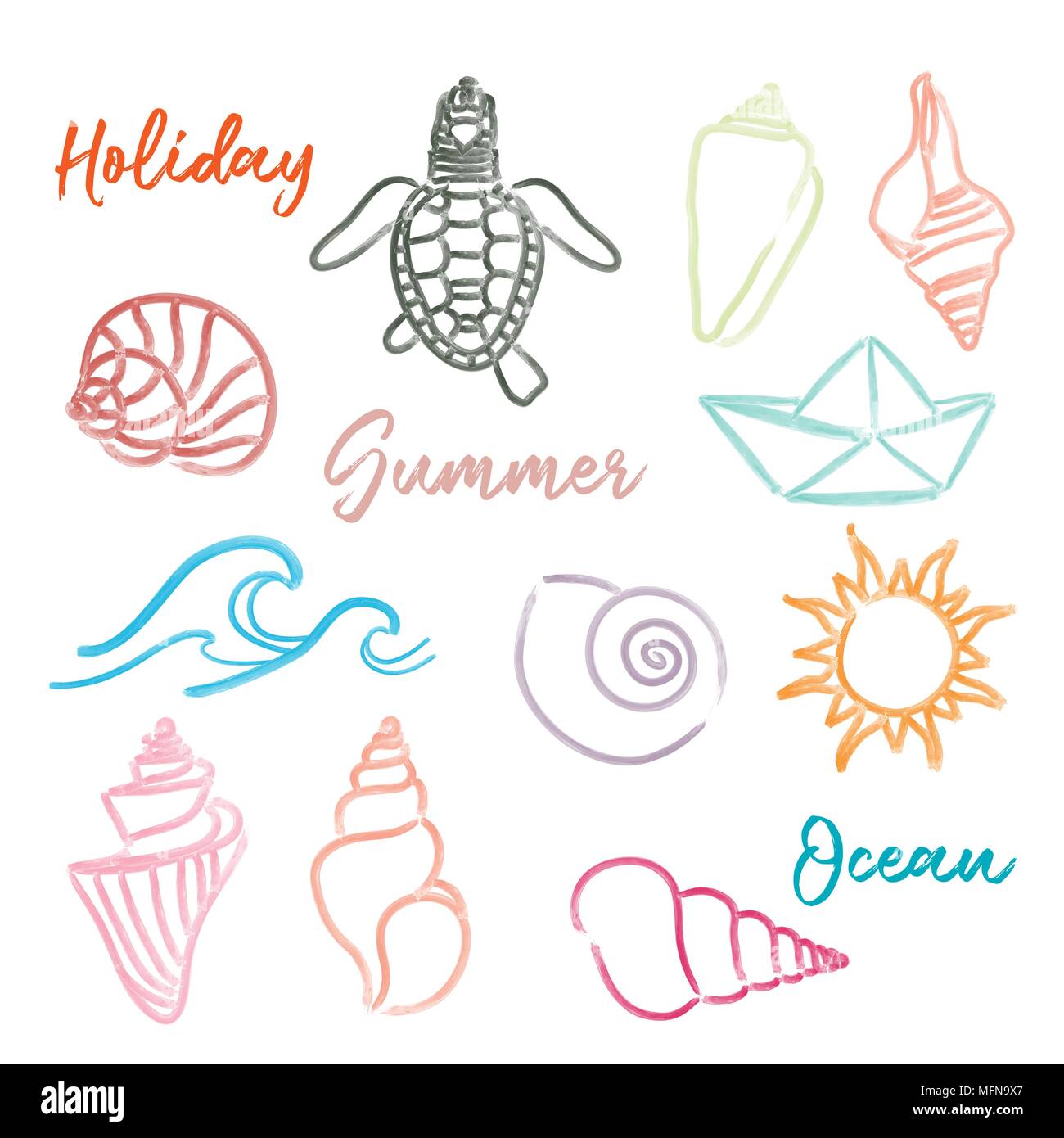 Hand drawn doodle watercolor Seashells and Sea elements set. Vector ...