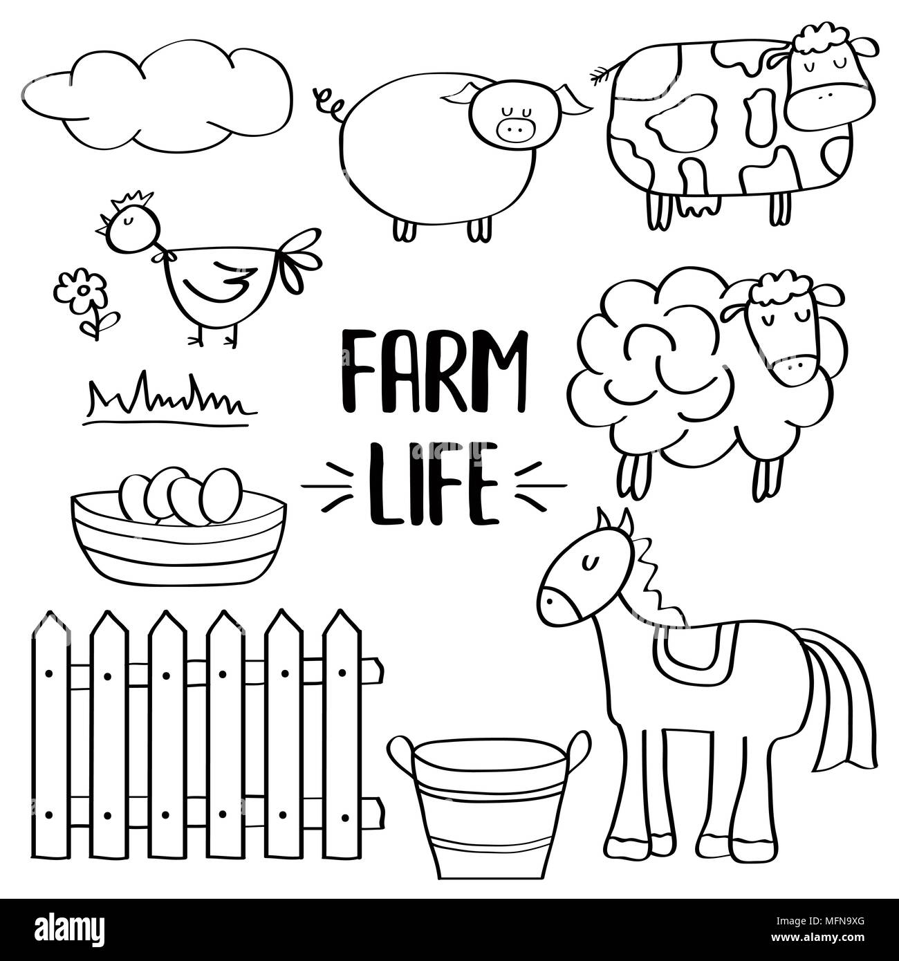 doodle animal farm set for colorig, vector eps 10 Stock Vector Image ...