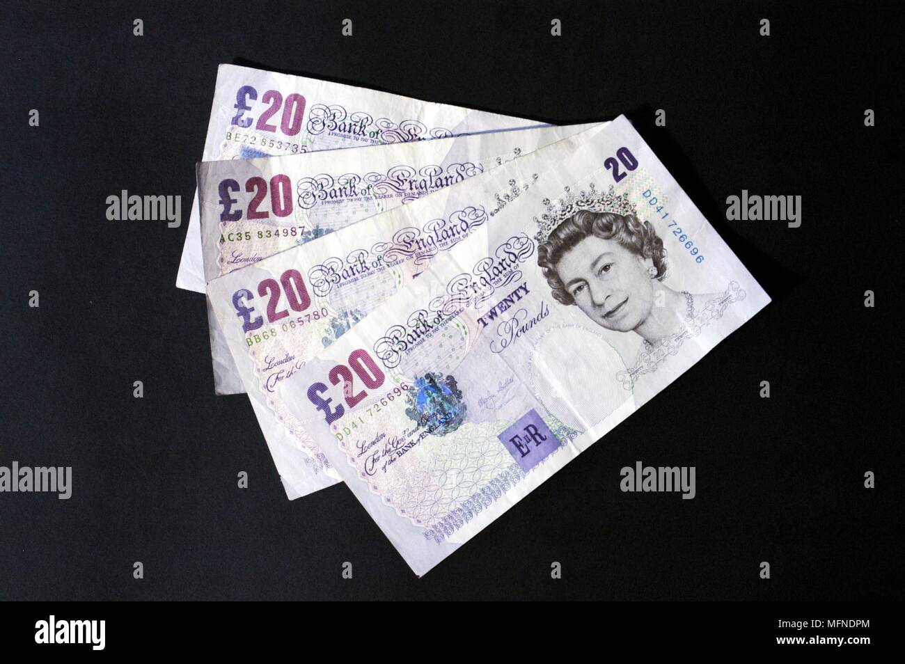 Money - £20 notes. UK sterling. British currency. Date: 23.05.2005 ...