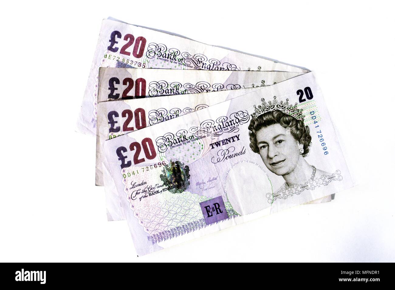 Money - £20 notes. UK sterling. British currency. Date: 23.05.2005 ...