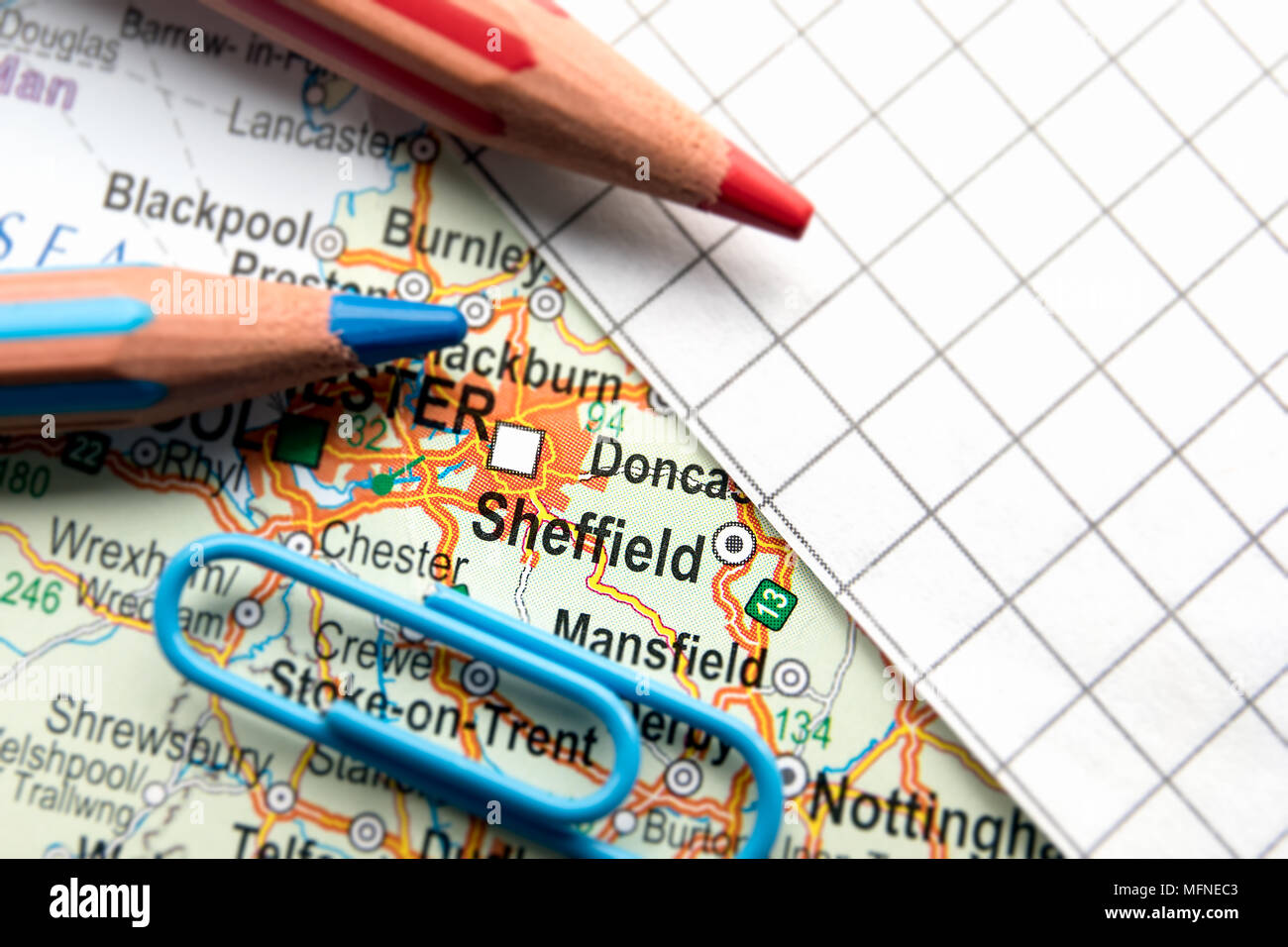 Sheffield city of Great Britain in the center of the geographic map ...