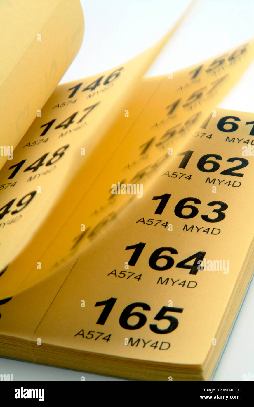 Close-up of an open book of raffle tickets Ref: CRB117 10024 125 ...