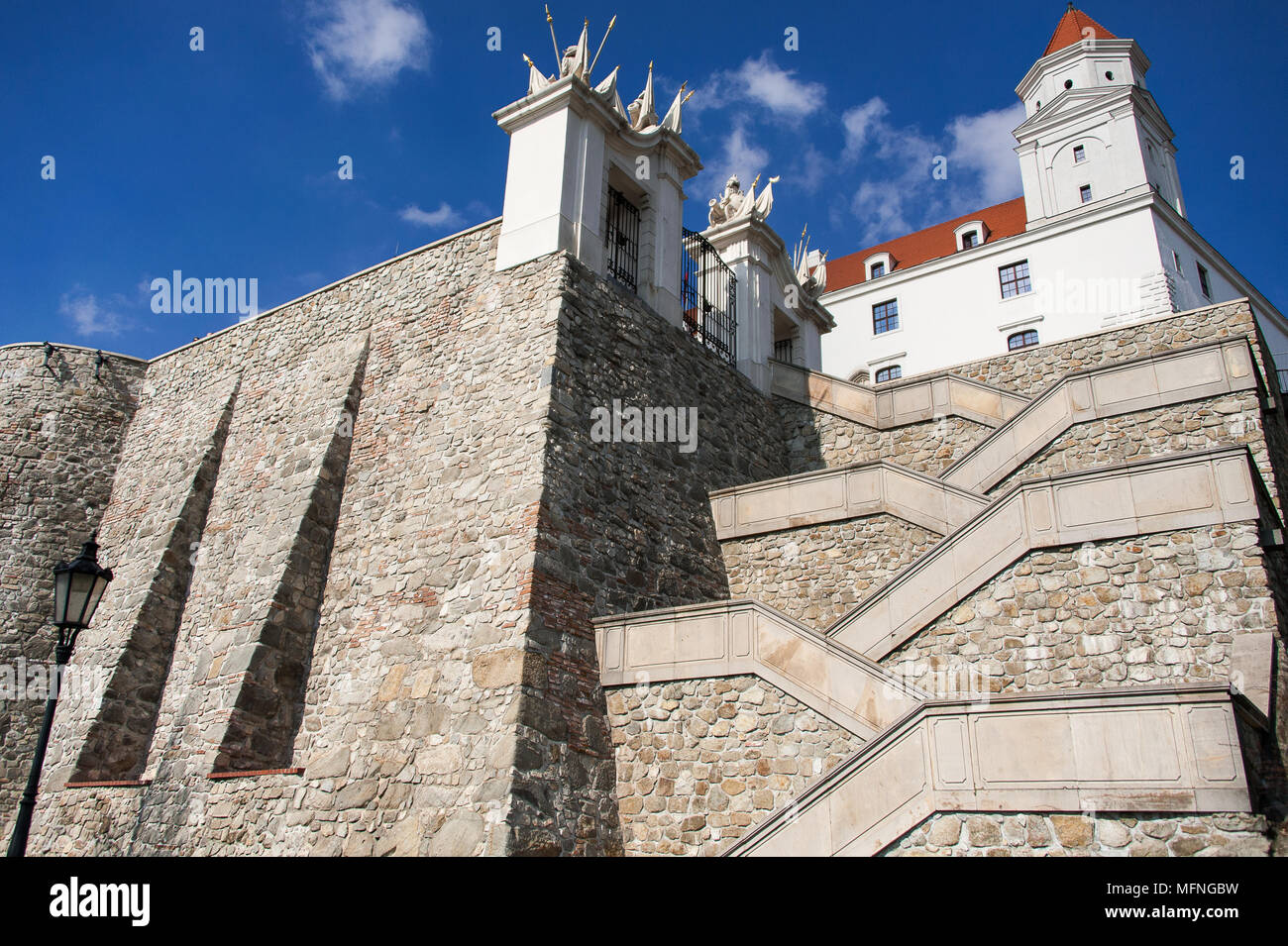 Approach steps and outer wall to Bratislava Castle, Slovakia. Stone ...