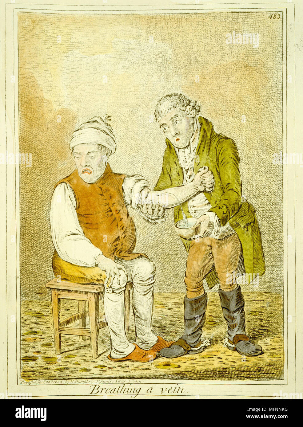 Breathing a Vein' Blood letting. Physician bleeding a patient from the ...