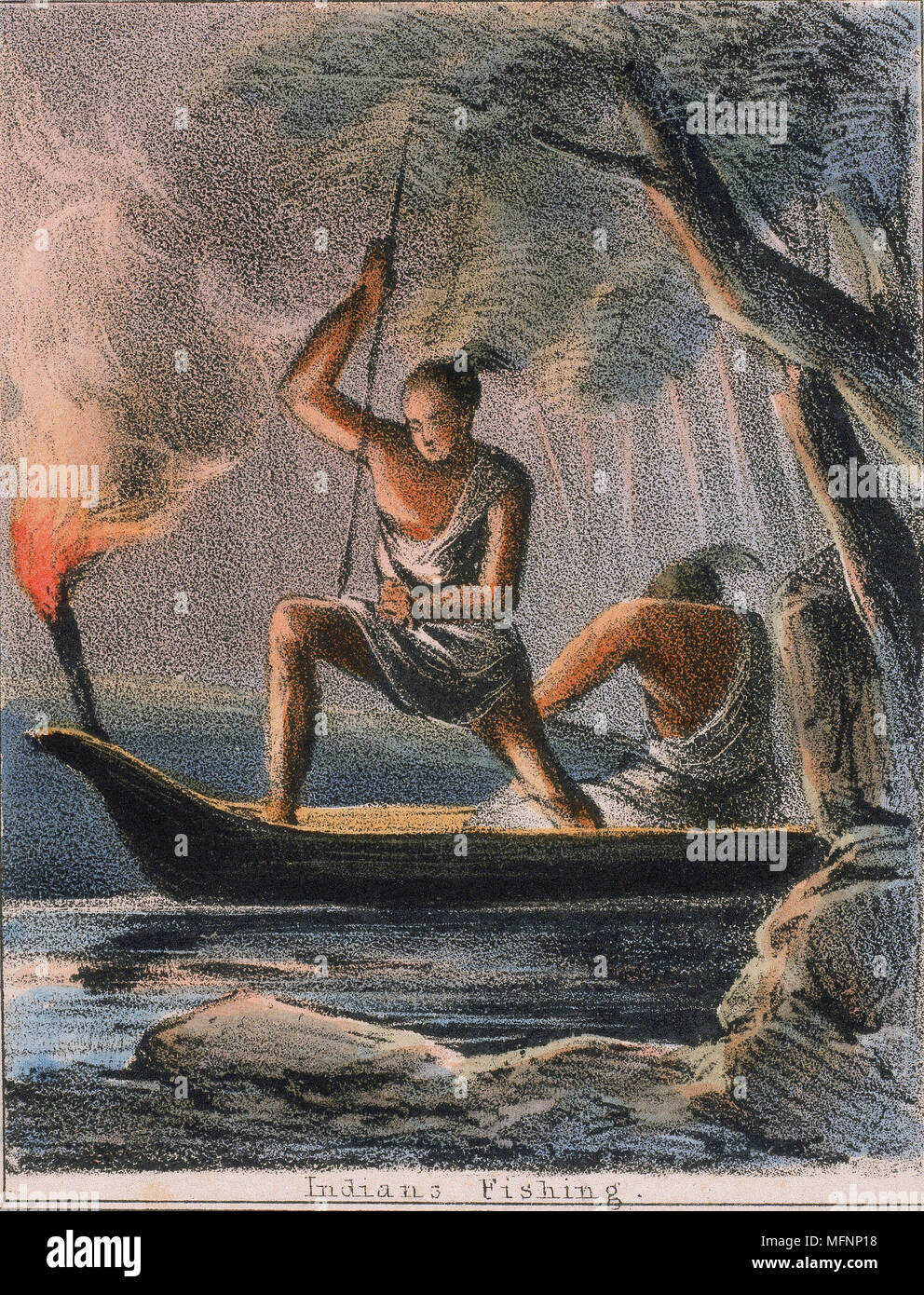 Spearing fish at night using flares, India. From 'Graphic Illustrations ...