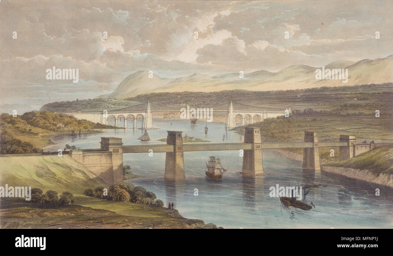 Britannia Tubular Bridge over Menai Straits between Welsh mainland and ...