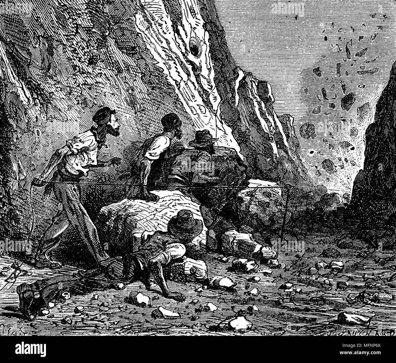 Miners using dynamite for blasting. Wood engraving, Paris, 1879 Stock ...
