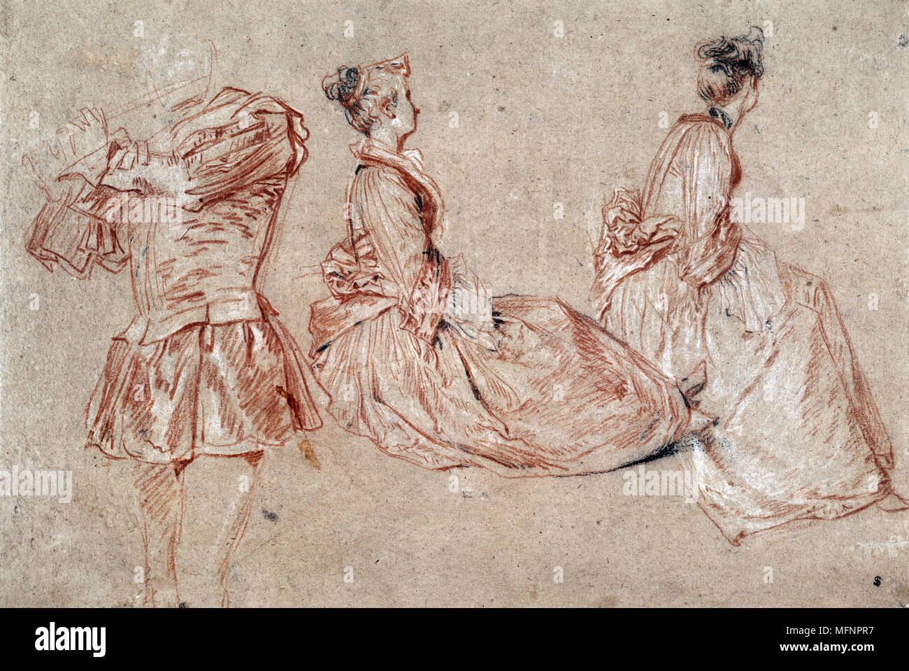 A Flautist and Two Women' Study in red chalk. Jean-Antoine Watteau ...