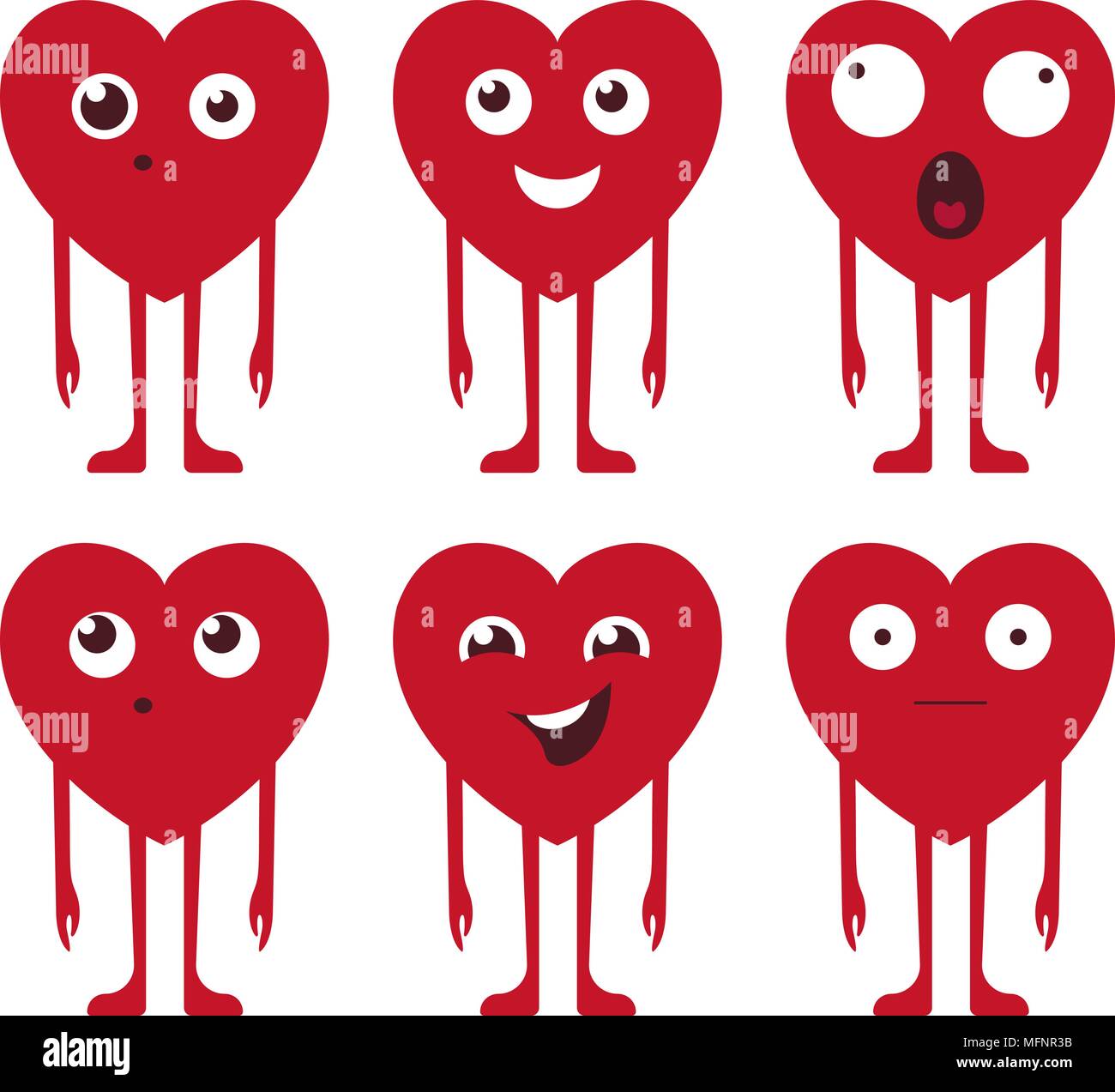 Heart face vector set in red color with funny facial expressions and ...